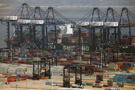 Commercial Container Ship Loaded By Row Editorial Stock Photo - Stock ...