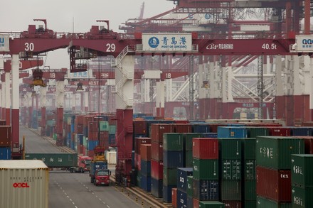Trucks Deliver Offloaded Containers Designated Areas Editorial Stock ...