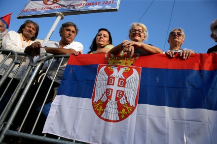 People Pose Next Serbian Flag During Editorial Stock Photo - Stock ...