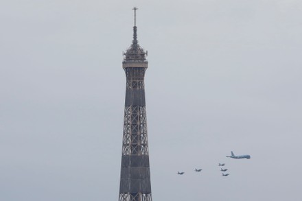 Planes Fly Near Eiffel Tower During Editorial Stock Photo - Stock Image ...