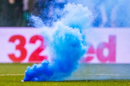 Blue Smoke Bomb On Pitch During Editorial Stock Photo - Stock Image ...