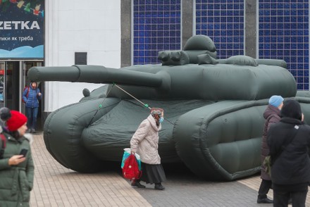 Ukrainians Walk Past Inflatable Tanks Near Editorial Stock Photo ...