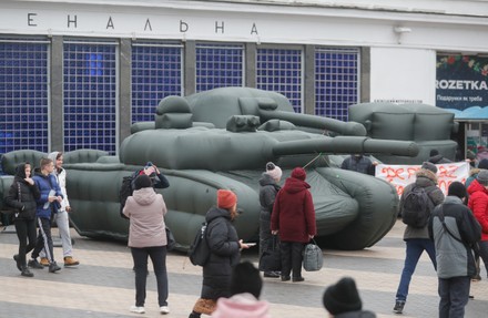 Ukrainians Walk Past Inflatable Tanks Near Editorial Stock Photo ...