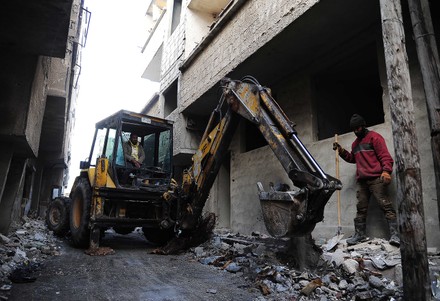 Worker Operates Excavator Rehabilitate Damaged Infrastructure Editorial ...