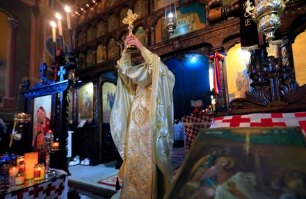 Romanian Orthodox Priest Raises Cross While Editorial Stock Photo ...