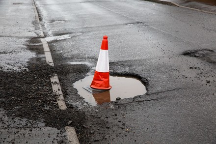 Pothole Puddle Traffic Cone Editorial Stock Photo - Stock Image ...