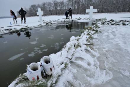 Shoes Seen Near Icehole Traditional Epiphany Editorial Stock Photo ...