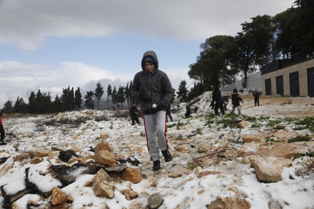 Palestinians Play Snow During Snowstorm On Editorial Stock Photo ...
