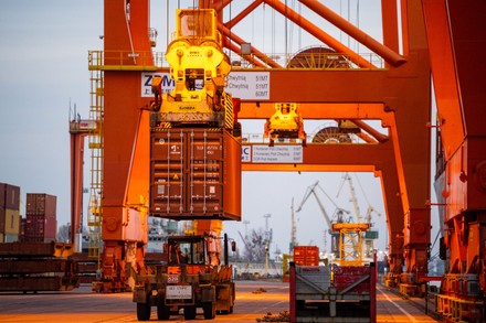 Shipping containers at the Baltic Container Terminal in Gdynia, Poland ...