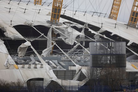 O2 Arena roof damaged by Storm Eunice, London, UK - 18 Feb 2022 Stock ...