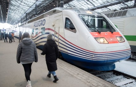 Allegro train from St.Petersburg Russia arrives in Helsinki, Finland ...