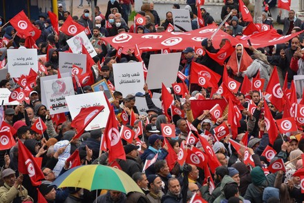 Tunisian Protesters Raise Placards National Flags Editorial Stock Photo ...