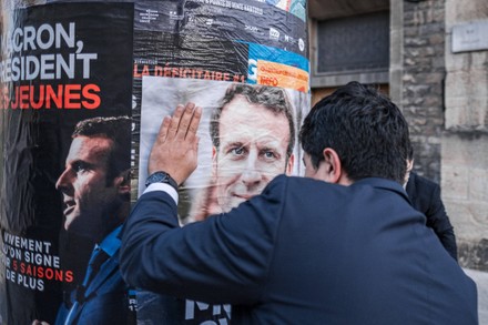 Activists Sticking Posters Emmanuel Macron Campaign Editorial Stock ...