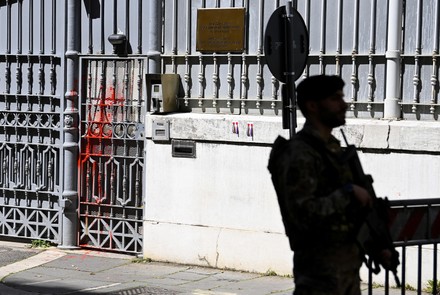 Vandalism at the entrance of Russian embassy in Rome, Italy - 11 Apr ...
