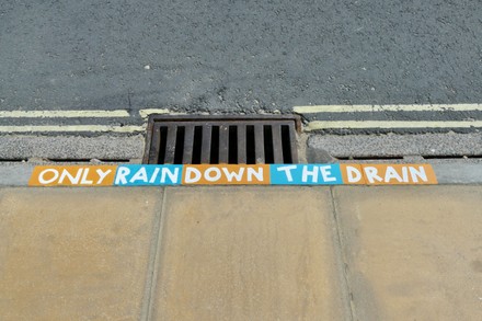 Only Rain Down The Drain, litter free coast campaign, Swanage, Dorset ...