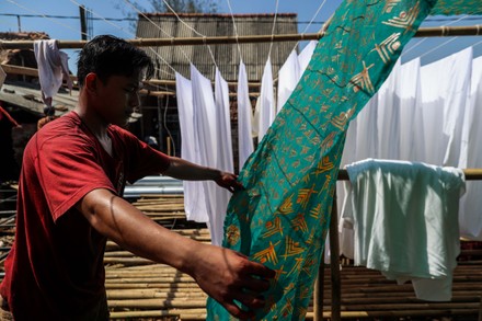 Worker Dries Batik After Dyeing Process Editorial Stock Photo - Stock ...