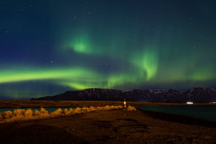Northern Lights Over Geldinganes Peninsula Overlooking Editorial Stock ...