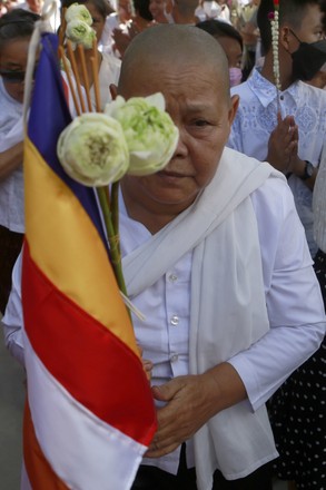 Cambodian Woman Holds Lotus Flowers During Editorial Stock Photo ...