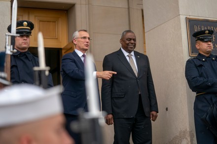 NATO Secretary General Jens Stoltenberg meets with US Secretary of Defense Lloyd Austin ...