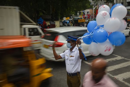 Traffic Policeman Holds Colorful Balloons While Editorial Stock Photo ...