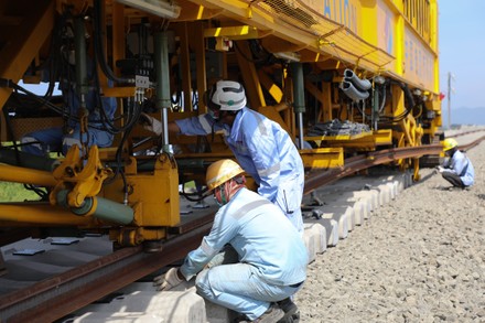 Laborers Work Construction Site Ballasted Track Editorial Stock Photo ...