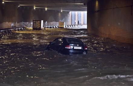 Vehicles Wade Through Waterlogged Underpass Near Editorial Stock Photo ...