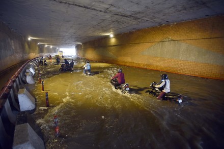 Vehicles Wade Through Waterlogged Underpass Near Editorial Stock Photo ...