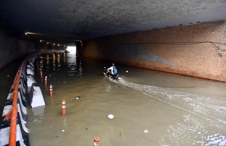 Vehicles Wade Through Waterlogged Underpass Near Editorial Stock Photo ...