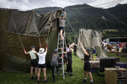 Scouts Hang Tarpaulin Their Camp Site Editorial Stock Photo - Stock ...
