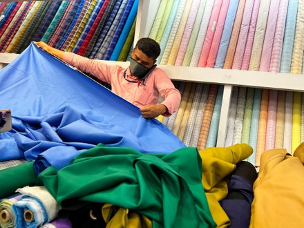 Salesman Measuring Cloth Customer Textile Shop Editorial Stock Photo ...