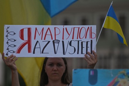Protester Holds Placars Words Mariupol Azovsteel Editorial Stock Photo ...