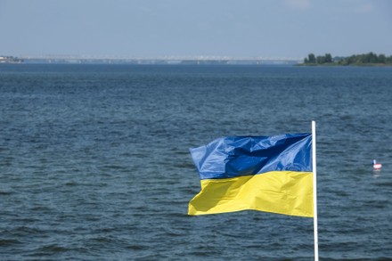 Ukrainian Flag Against Background Dnipro River Editorial Stock Photo ...