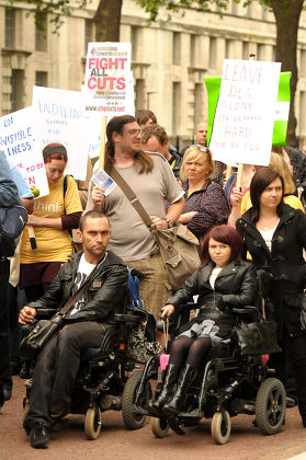 Protest by disabled people against cuts in their benefits, London ...