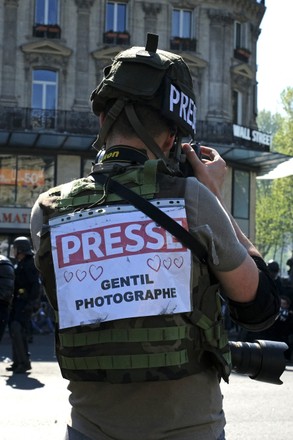 Press Photographer Wearing Helmet On Back Editorial Stock Photo - Stock ...