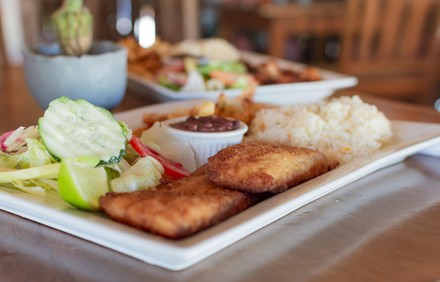 Close Fried Fish Fillet Rice Salad Editorial Stock Photo - Stock Image ...
