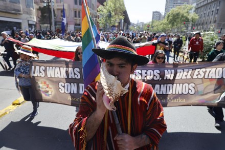Demonstrators March During Protest By Mapuche Editorial Stock Photo ...