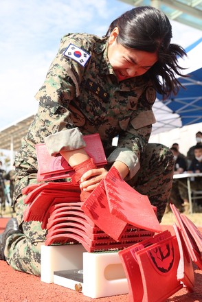 Soldier Demonstrates Power Breaking Through Stack Editorial Stock Photo ...