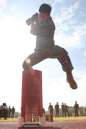 Soldier Demonstrates Power Breaking Through Stack Editorial Stock Photo ...