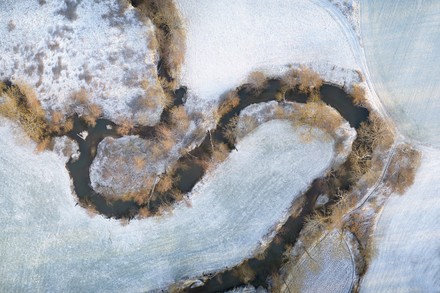 Meandering River Course Through Snowcovered Meadows Editorial Stock ...