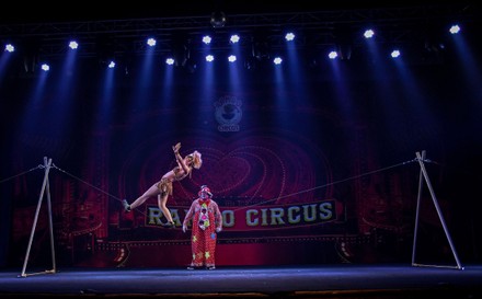 Acrobat Performs On Slackline Clown Looks Editorial Stock Photo - Stock ...