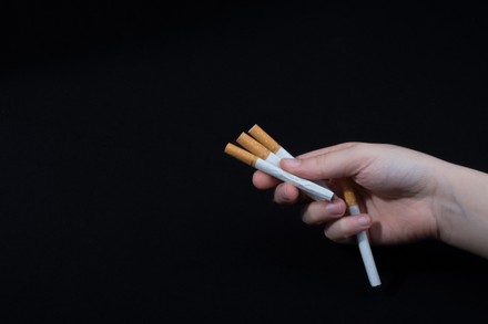 Hand Holding Cigarettes On Black Background Editorial Stock Photo ...