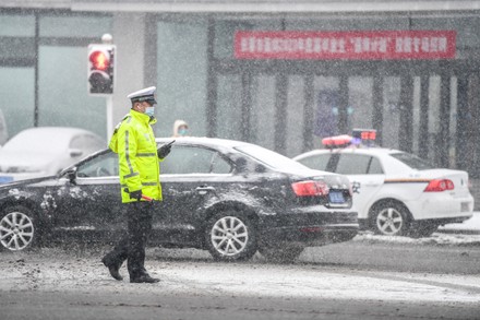 Traffic Police Officer Works During Snowfall Editorial Stock Photo ...