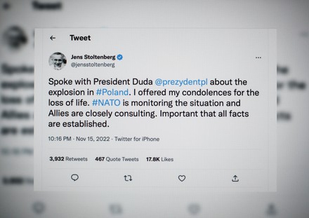 Nato General Secretary Jens Stoltenbergs Tweet Editorial Stock Photo ...