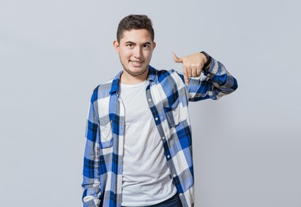 Smiling Guy Pointing Down One Hand Editorial Stock Photo - Stock Image ...