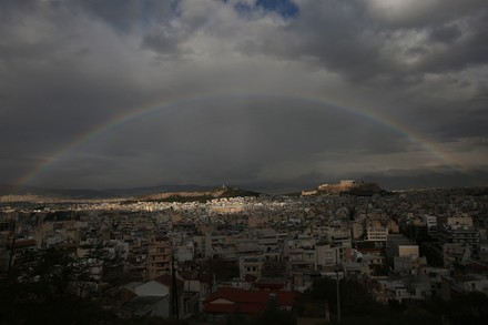 Rainbow Appears On Sky Over Athens Editorial Stock Photo - Stock Image ...