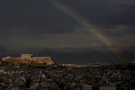 Rainbow Appears On Sky Over Athens Editorial Stock Photo - Stock Image ...