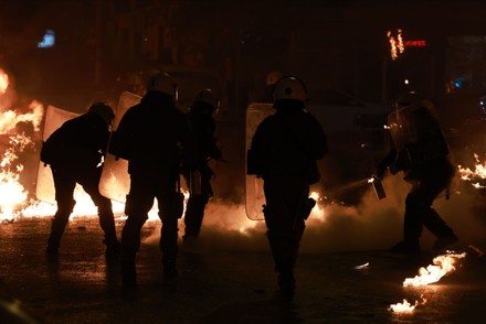 Riot Policemen Stand Among Flames Caused Editorial Stock Photo - Stock ...