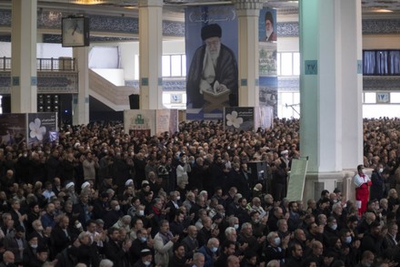 Iranian Worshippers Pray Under Giant Portrait Editorial Stock Photo ...