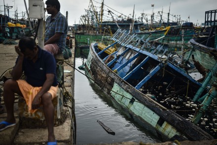 Indian Fishermen Sit Next Submerged Fishing Editorial Stock Photo ...