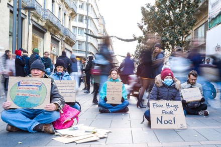 Activists Sitting Middle Moving Passersby Placards Editorial Stock ...